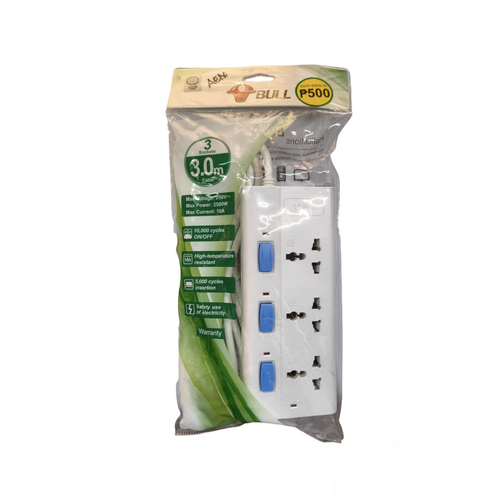 Bull 3 Gang Universal Outlet Extension Cord 3 Meters 2500W 10A - GNTP ...