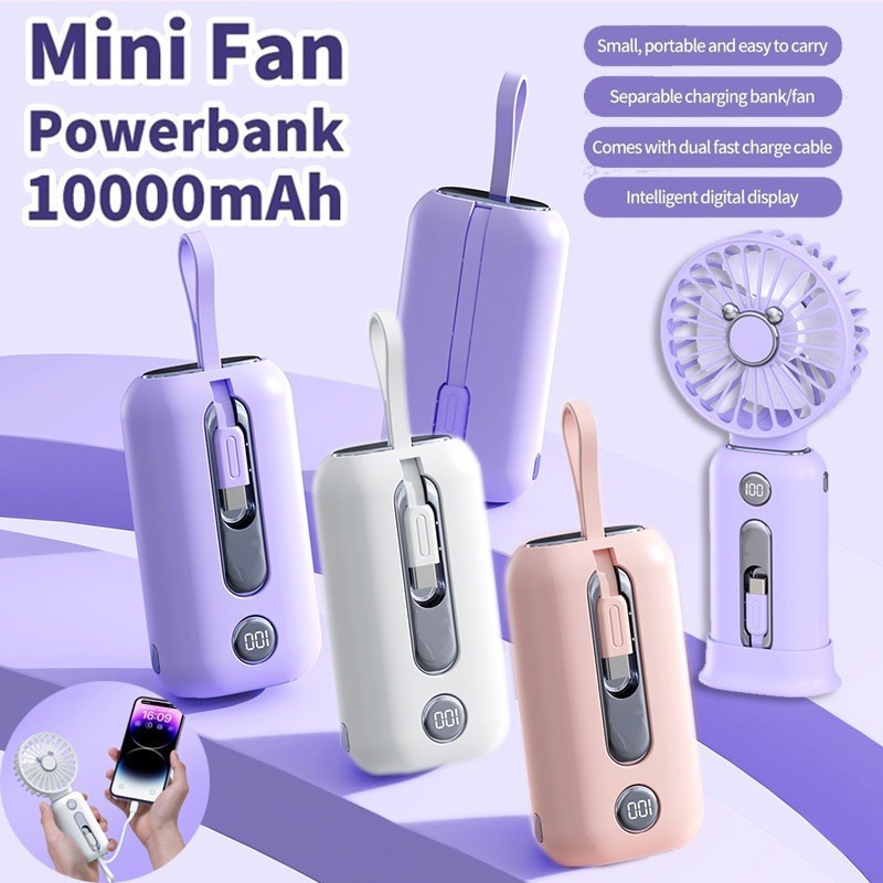 Portable Rechargeable Handle Fan With 10000mAh PowerBank Long Life 2 in ...