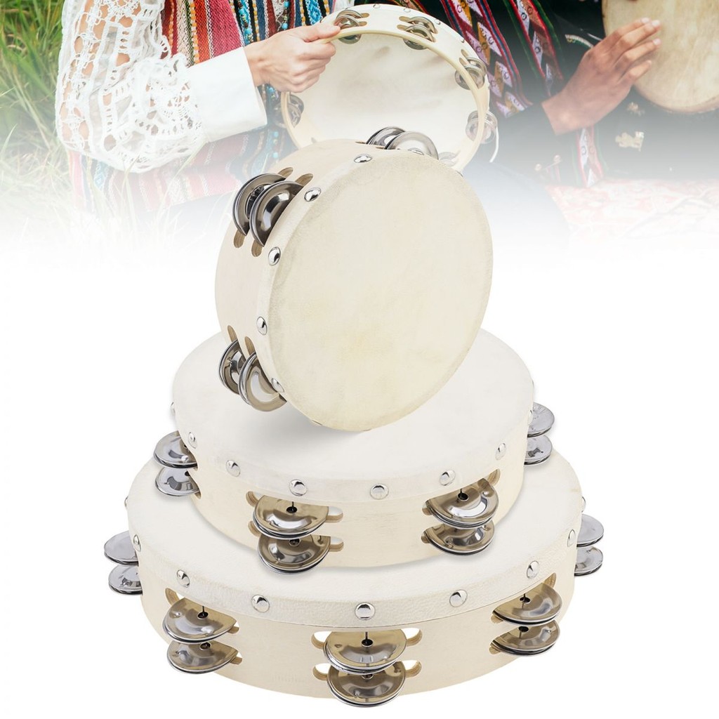 6 / 8 / 10 inch Wood Sheepskin Tambourine Double Row Jingles Tambourine Handbell Hand Drum ...