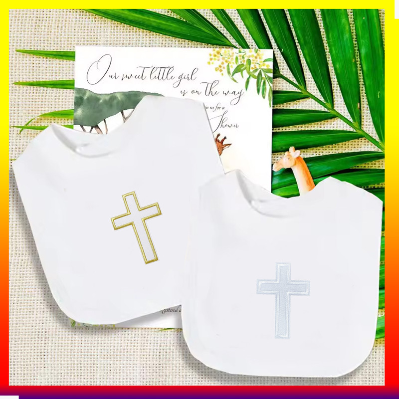White Baptism Bib for Baby Boy Cross Embroidery White Square Bibs for ...