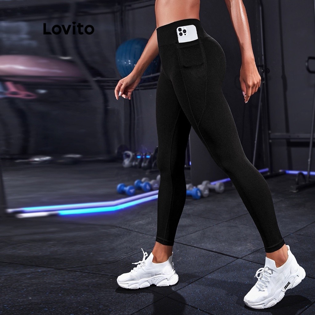 Lovito Casual Plain Pocket High Elasticity Butt Lifting Mid Waist Yoga
