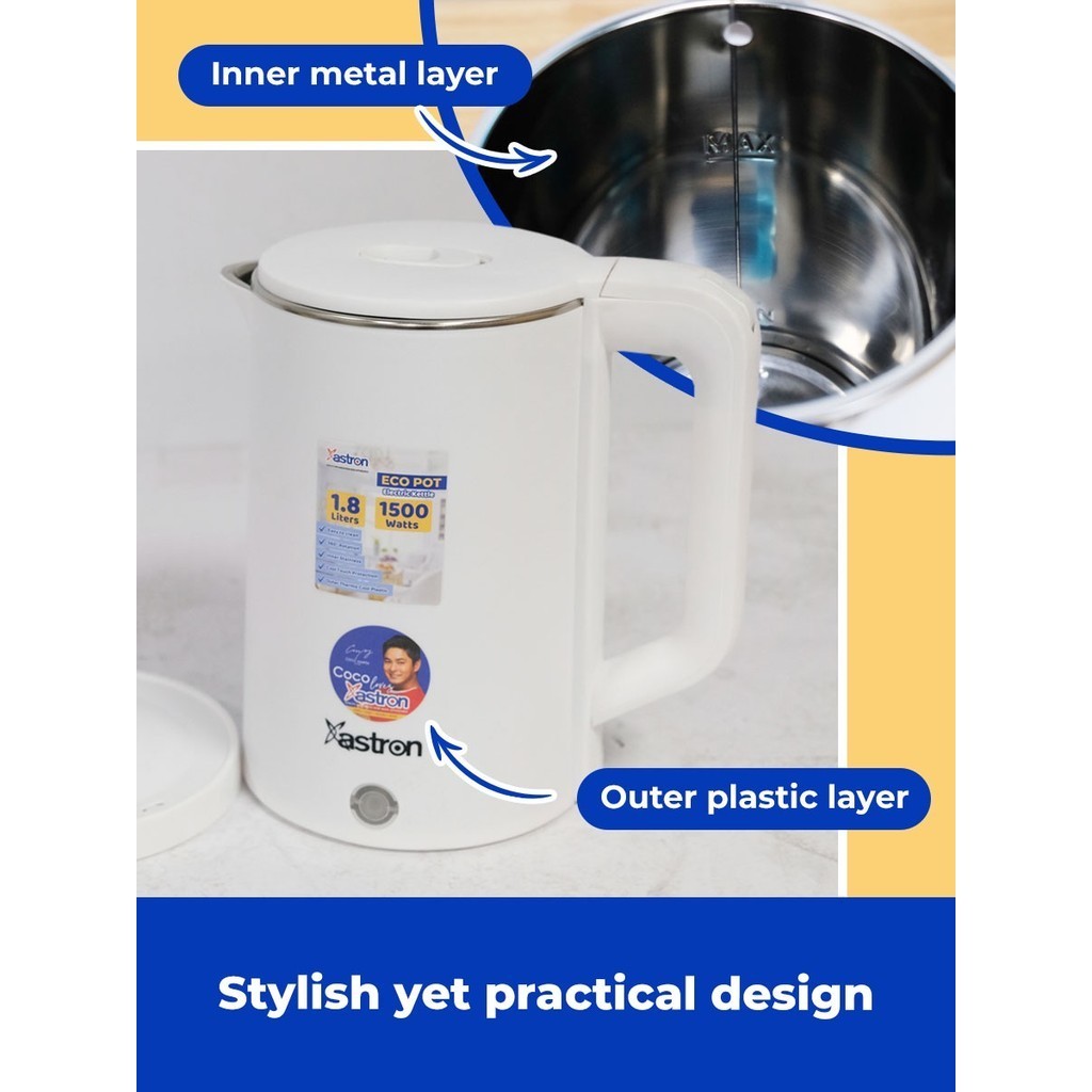 Astron ECOPOT Electric Kettle - Matte White | 1.8L | Safe-Touch Design ...