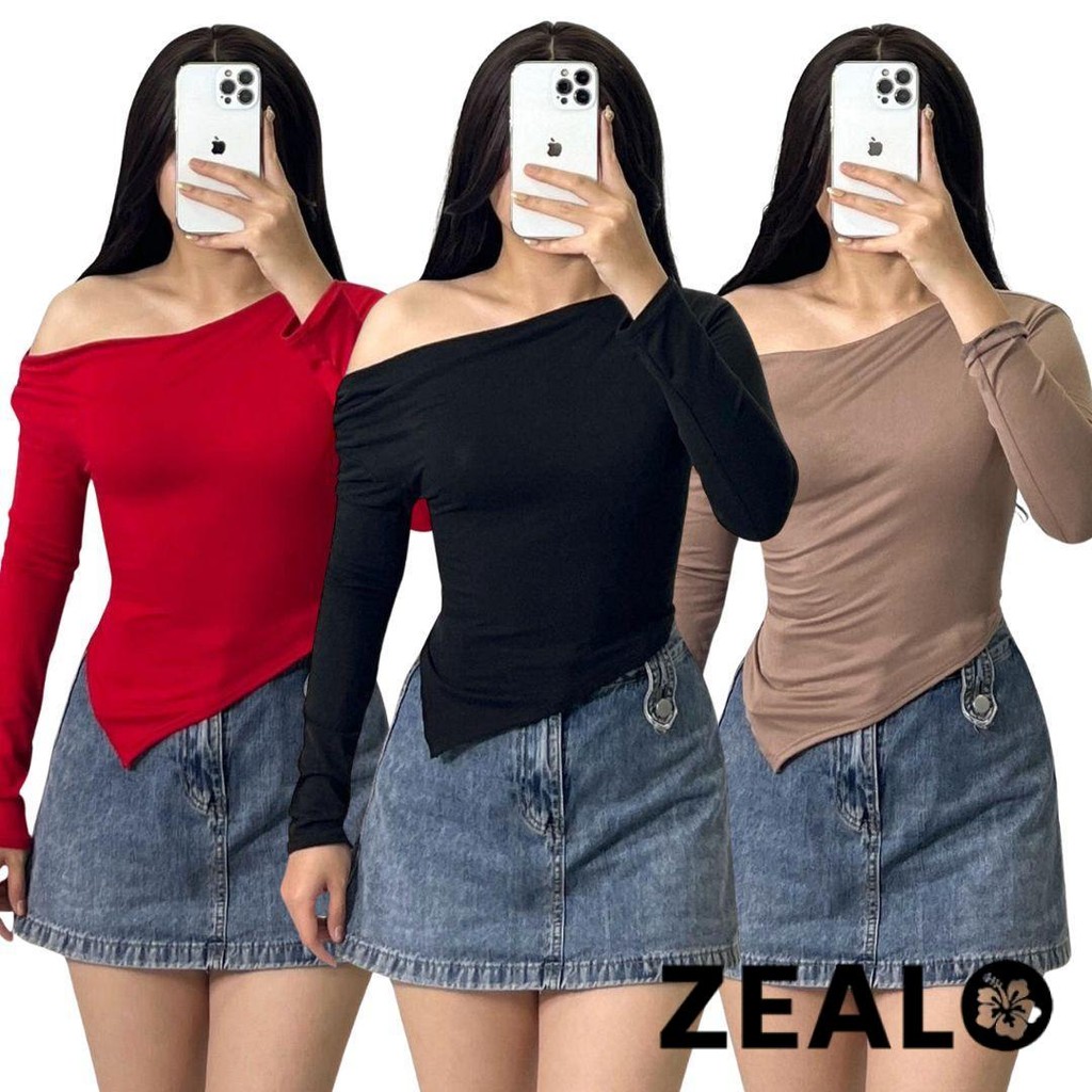 ZEALO Mavis Double Lining Longsleeves Off Shoulder One Side Top Cotton ...