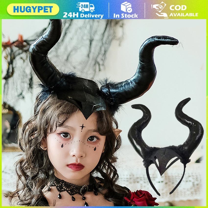 Black Queen Demon Long Ox Horns Headwear Cosplay Evil Witch Headpiece ...