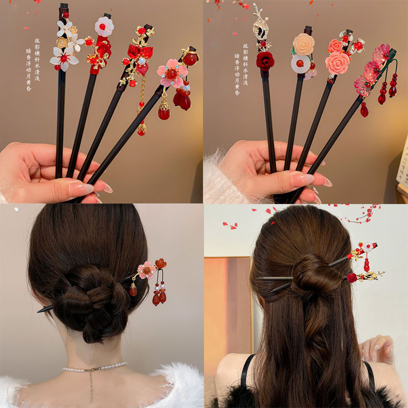 Wooden Red Tassel Hairpin Women's Chinese Vintage Hair Stick New Year ...