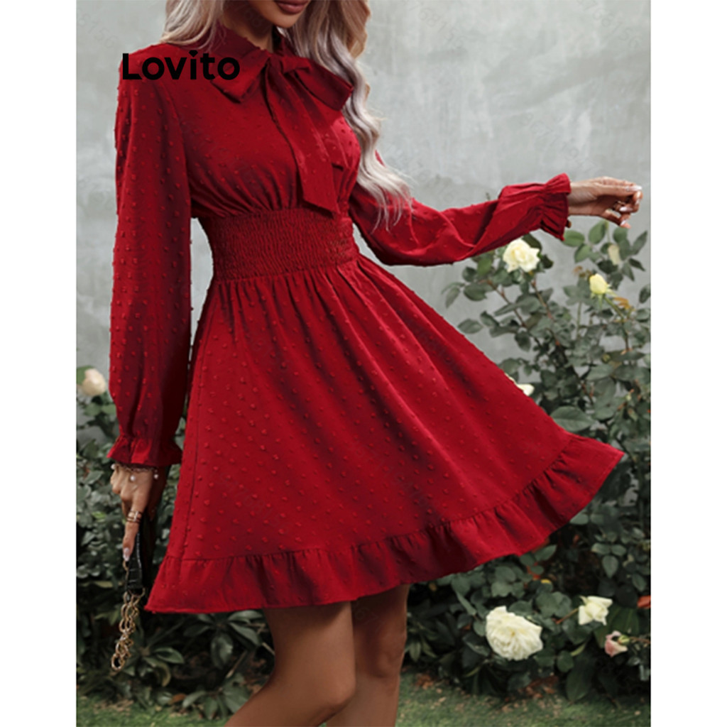Lovito Women Boho Plain Jacquard Smocked Ruffle Dress LSE01058 | Shopee ...