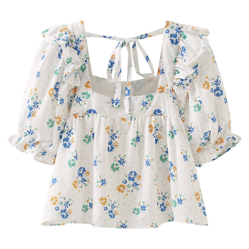 Korean fresh backless tops lace up floral puff sleeve shirt slim blouse ...