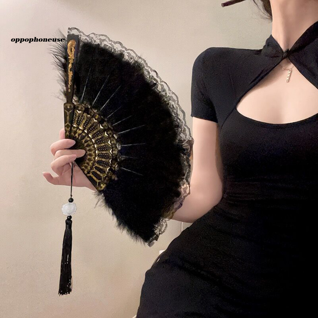OPPO Portable Feather Fan Feathered Folding Fan Exquisite Vintage Lace ...