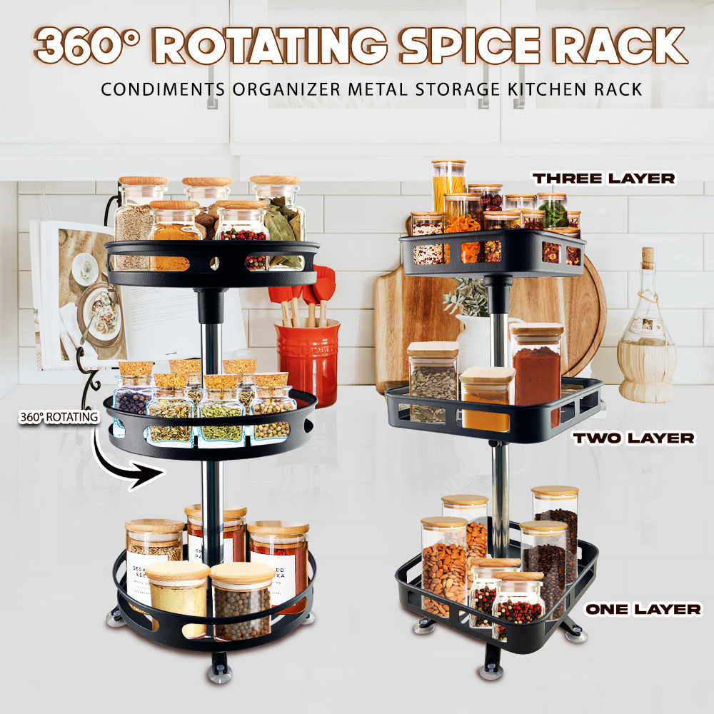 1/2/3 Tier 360° Rotating Spice Rack Rotatable Steel Kitchen Seasoning ...