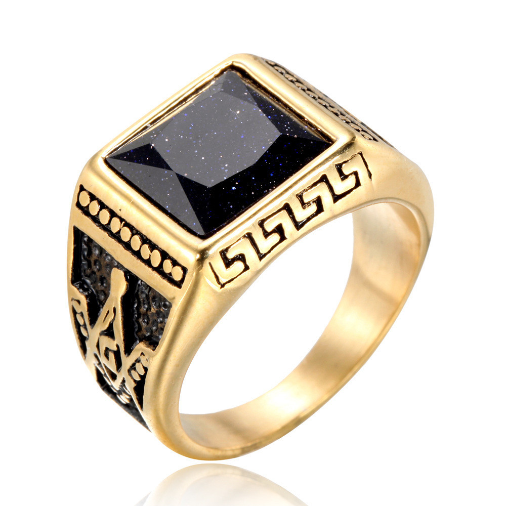 Vintage Gothic Punk Masonic Titanium Steel Ring Alabaster Onyx Noble ...