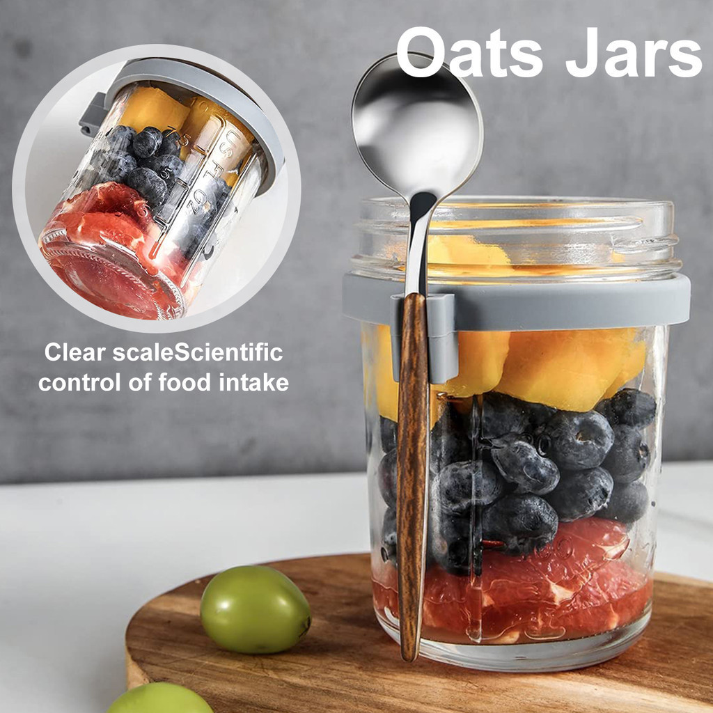 350ML Overnight Oat Jars with Spoon Airtight Oatmeal Cup Container Mason Jar with Measurement ...