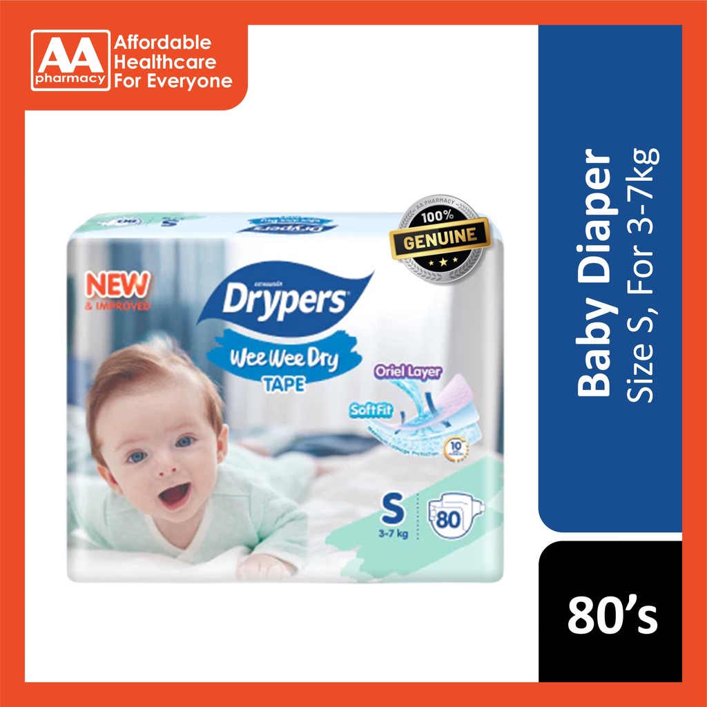 Drypers Wee Wee Dry Baby Tape Diapers Size S 80's (3-7kg) | Shopee ...