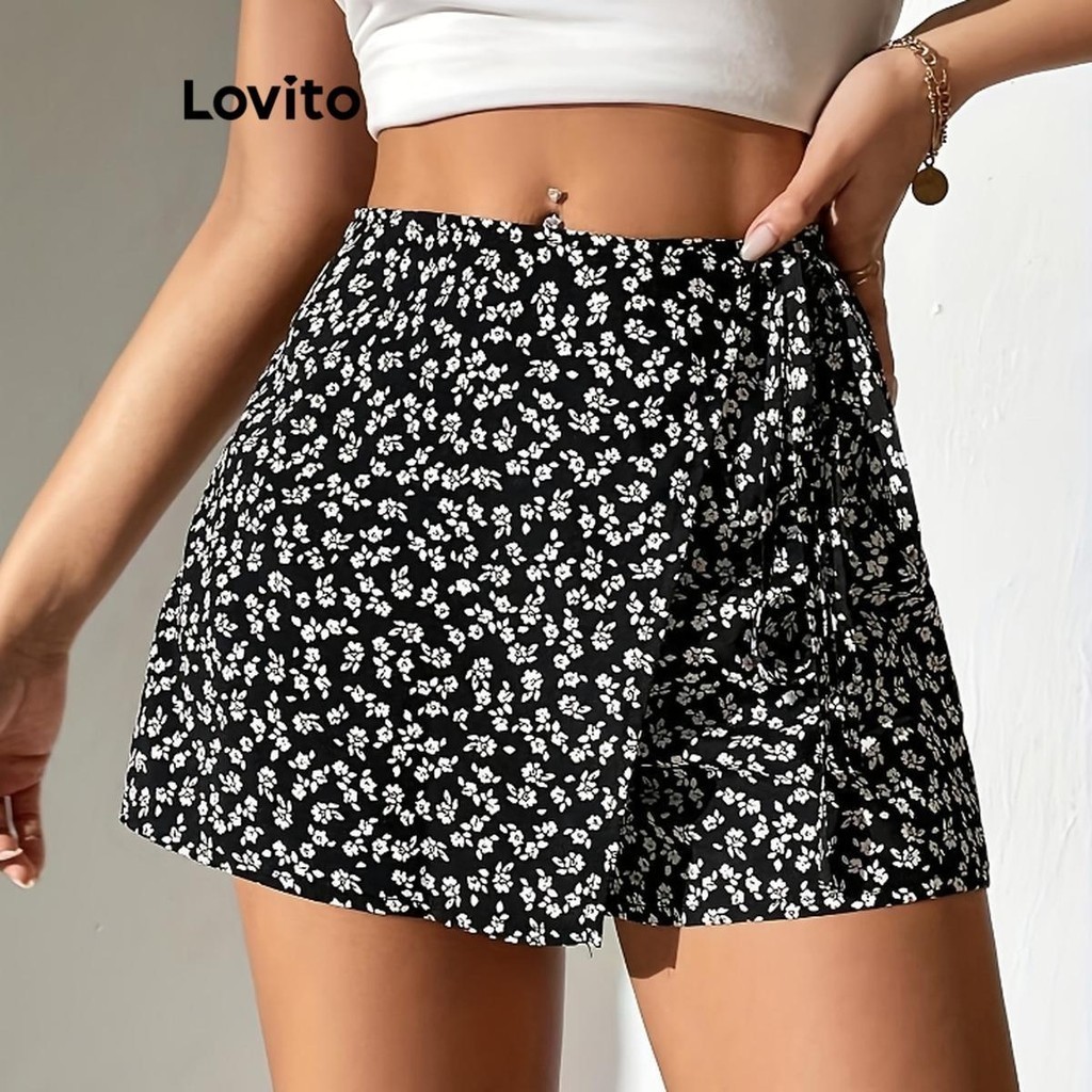 Lovito Women Casual Shorts Ditsy Floral Double Layer Lace Up Short ...