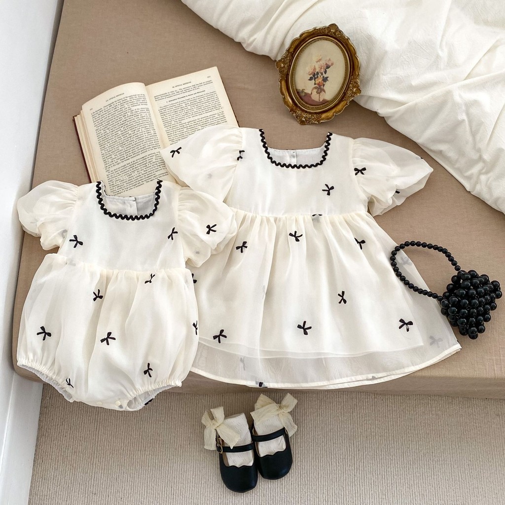 Female Baby Sisters Dress Bowknot Puff Sleeve Bag Fart Clothes Romper ...