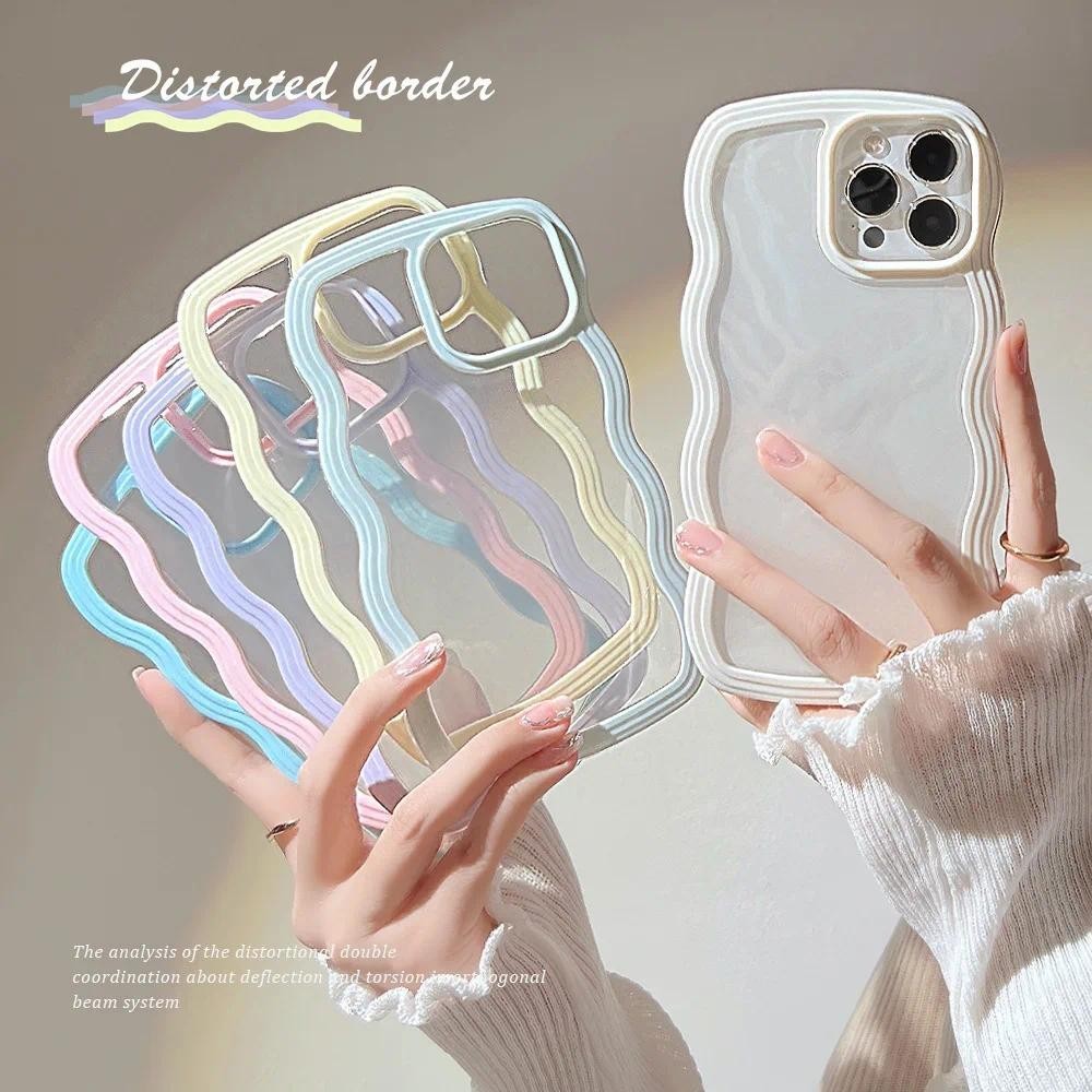 Fashion Transparent Curly Wave Frame Phone Case for IPhone 11 15 12 13 ...