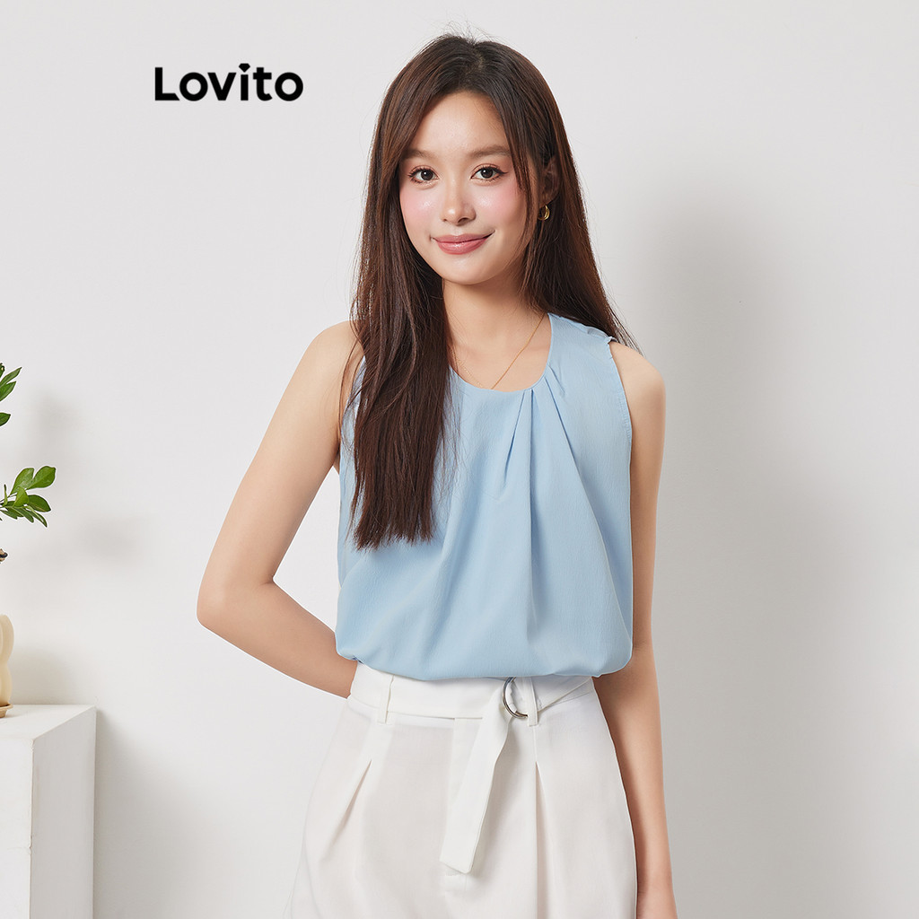 Lovito Casual Plain Plicated Pleated Tank Top for Women L74ED259 ...