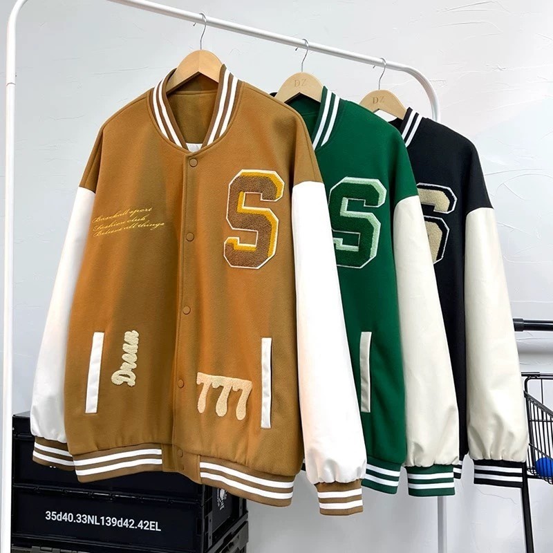 Unisex aesthetic jacket varsity for men korean baseball jacket brown ...