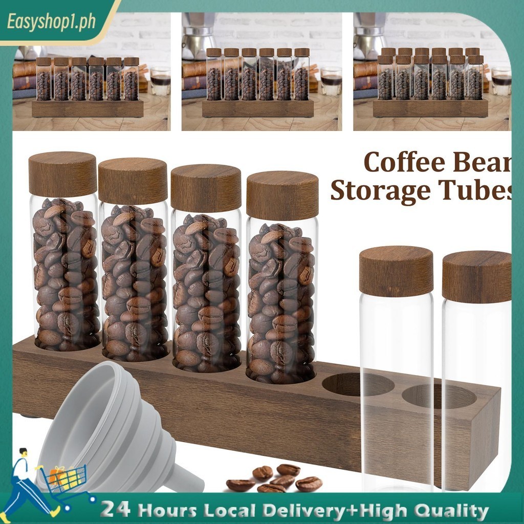 6/12Pcs Coffee Bean Storage Tubes with Wooden Stand and Funnel Portable ...