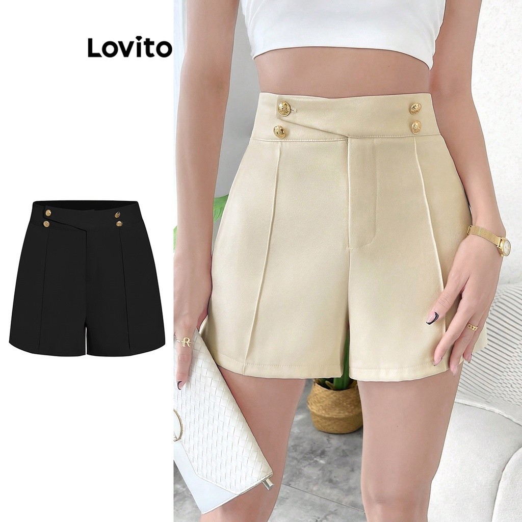 Lovito Women Elegant Plain Asymmetrical Shorts L68ED089 (Apricot/Black ...