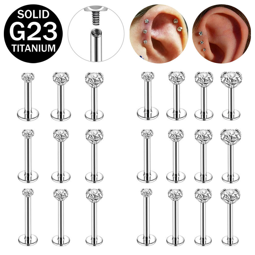 1 PC G23 Titanium Steel Crystal Lip Stud 16G/18G Internal Threaded ...