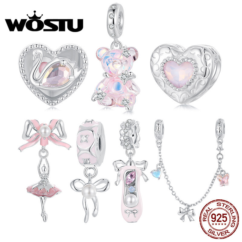 WOSTU 925 Sterling Silver Princess Pink Bear Bead Ballet Girl Charm Shoe Bow Pendant Saftey ...