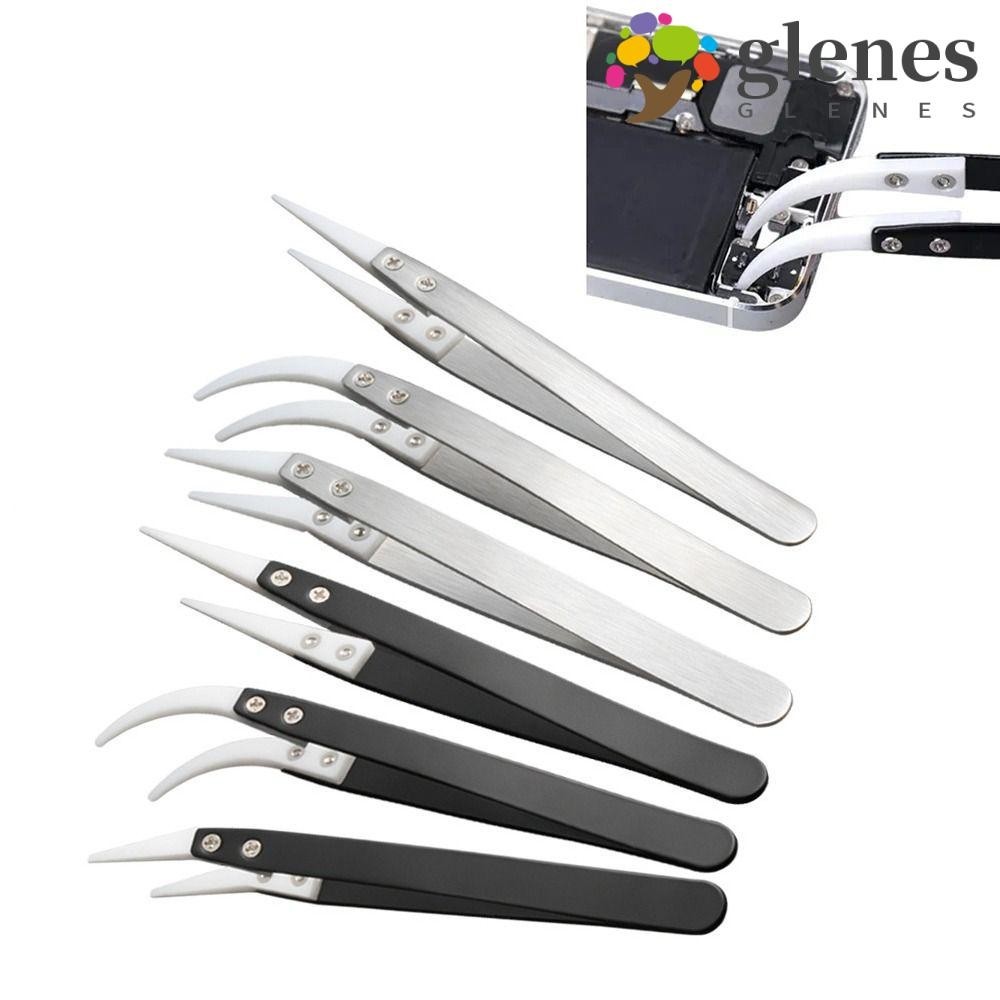 GLENES Ceramic Tweezers, Straight/Curved Tip Anti-Static Electronic Soldering Tweezers, Acid ...