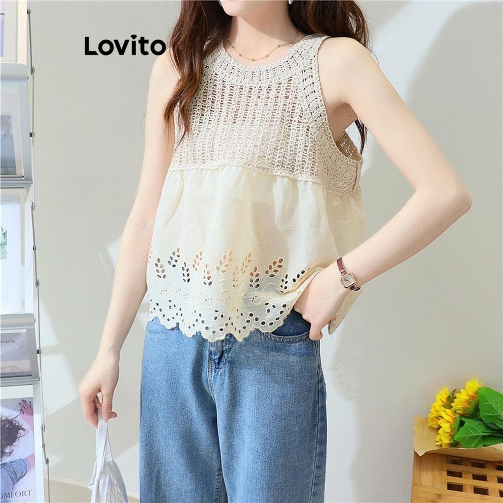 Lovito Women Casual Plain Cut Out Lace Knit Top LNA48120 | Shopee ...