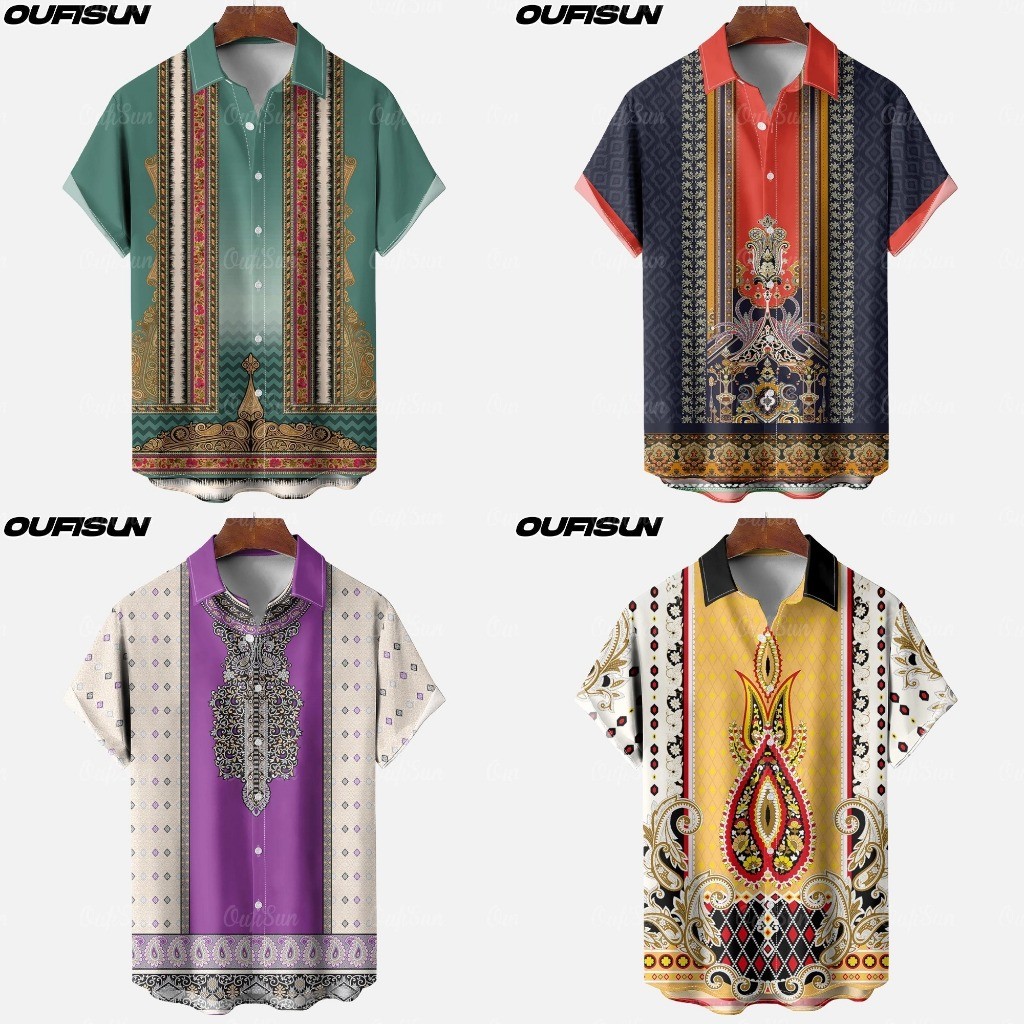 2025 Ethnic Style Retro Shirt Turn-Down Collar Short-Sleeved Shirt For ...