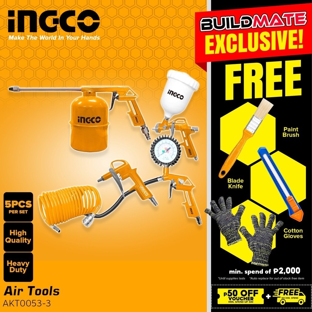 BUILDMATE Ingco Air Tools Set 5PC Pneumatic Blow, Spray, Washing ...