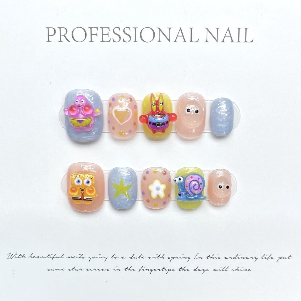100% HANDMADE Short Round Artificial Nail SpongeBob SquarePants 3D ...