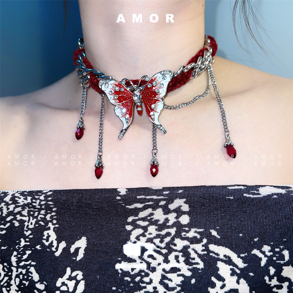 Red velvet butterfly tassel female spicy girl sweet and cool necklace ...