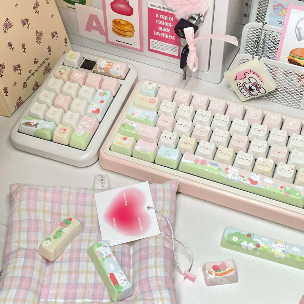 Cream Strawberry Cat Keycaps MAO/SOA Profile PBT Cute Pink Meow Cat Paw ...