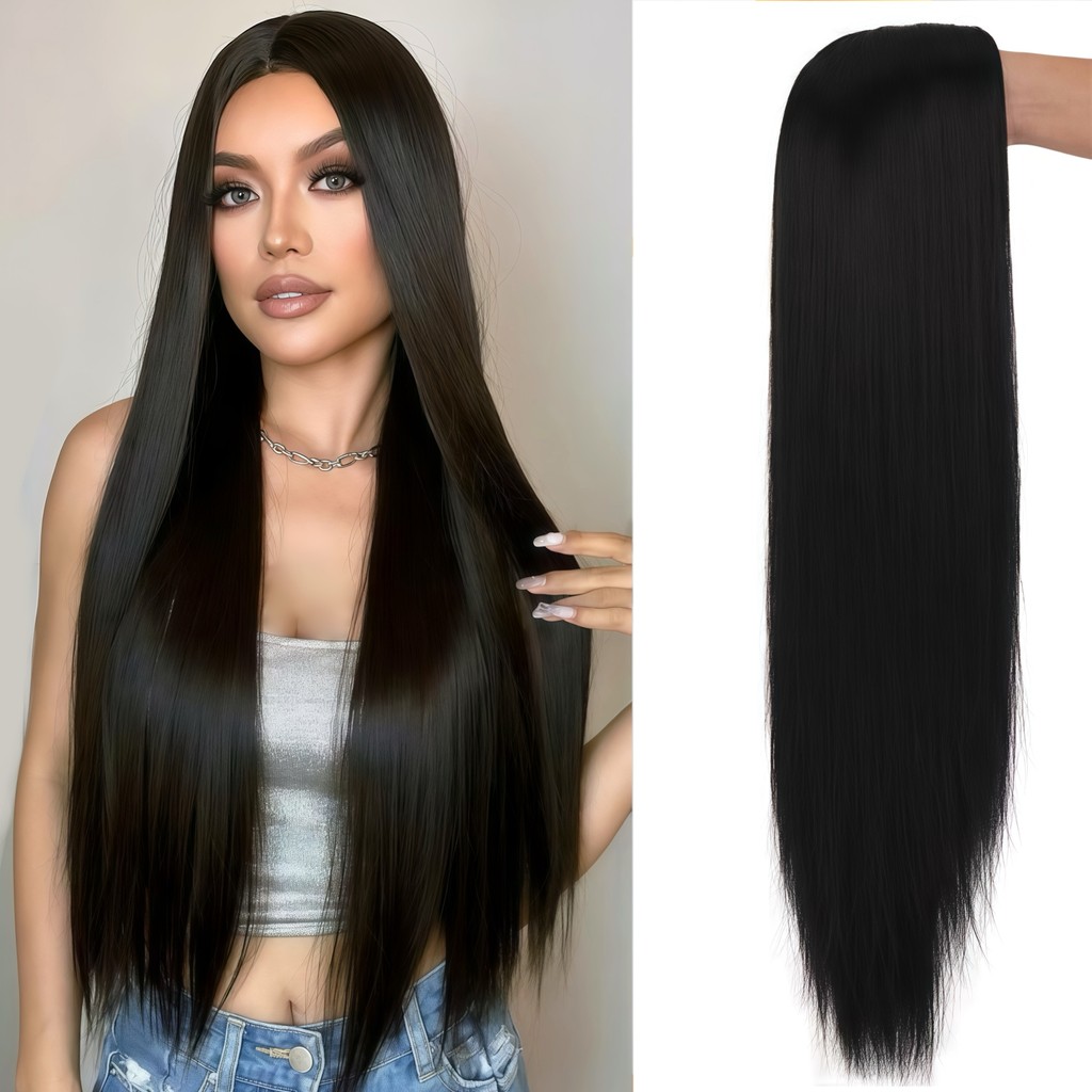 75cm Black Straight Wigs No Bangs Full Head Cover Wig For Women Korean ...