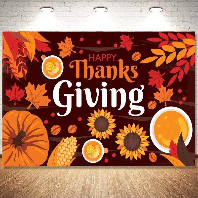 Happy Thanksgiving Backdrop Fall Pumpkin Turkey Maple Leaves ...
