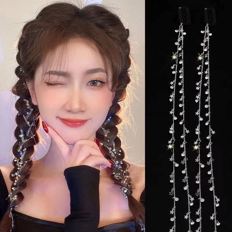 Star's same style rhinestone chain braided hair headdress ponytail ...