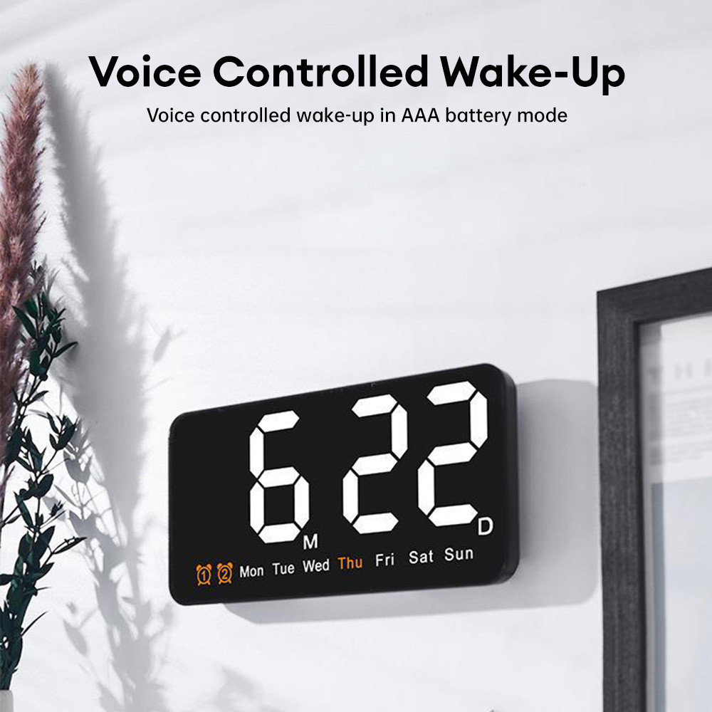 LED Digital Wall Clock 12/24hours Battery Powered Voice Control Alarm ...