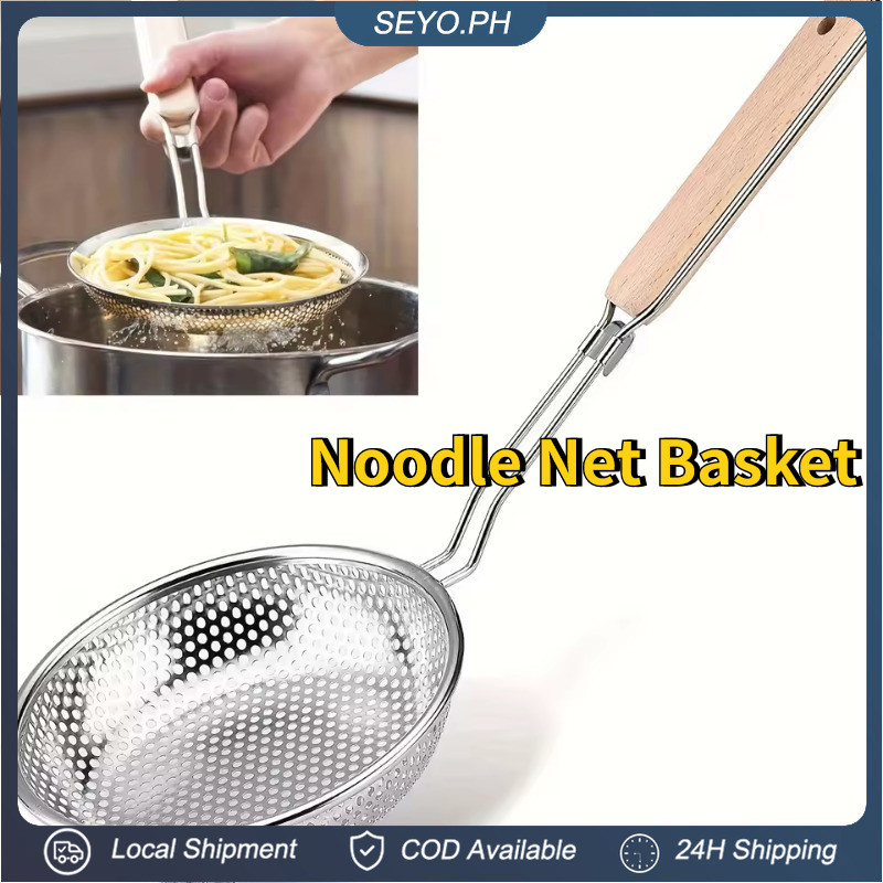 Wooden Handle Mesh Skimmer Noodle Net Basket Stainless Steel Colander ...