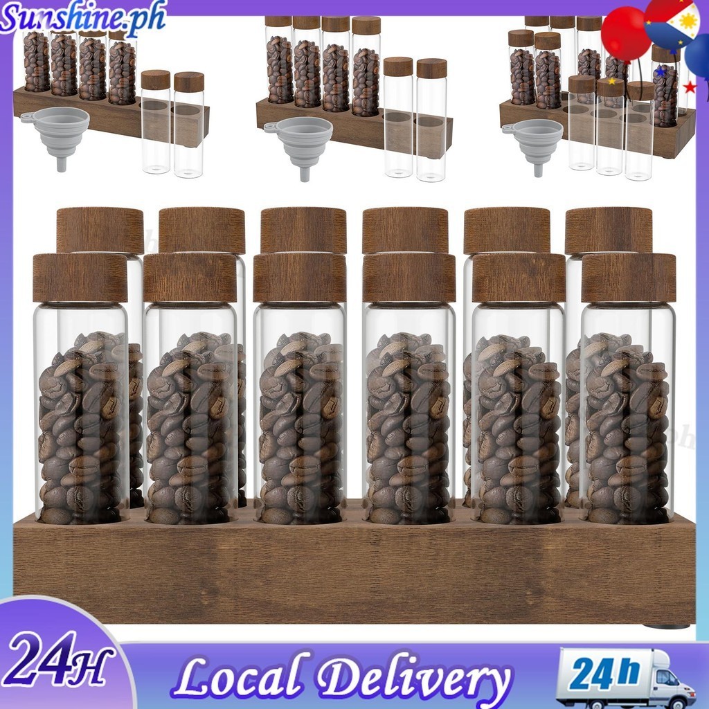 6/12Pcs Coffee Bean Storage Tubes with Wooden Stand and Funnel Portable ...