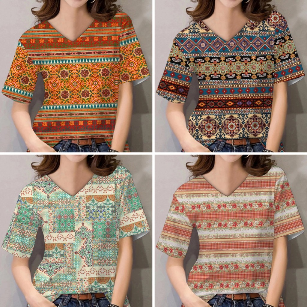 Retro Ethnic Style Women's T-Shirt Fully Printed V-Neck Top Summer ...