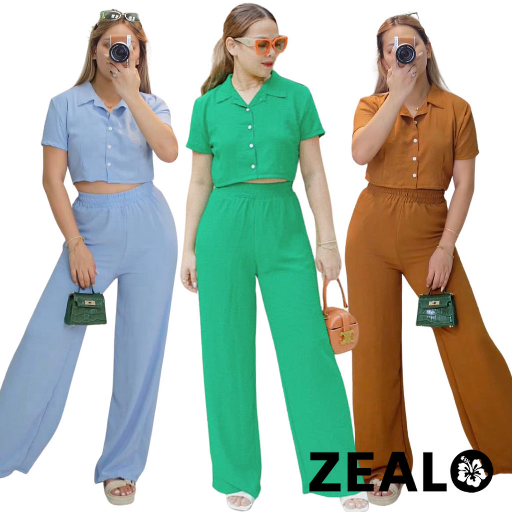 ZEALO Alba Button-up Collar Crop Top and Wide Leg Pants Terno ...