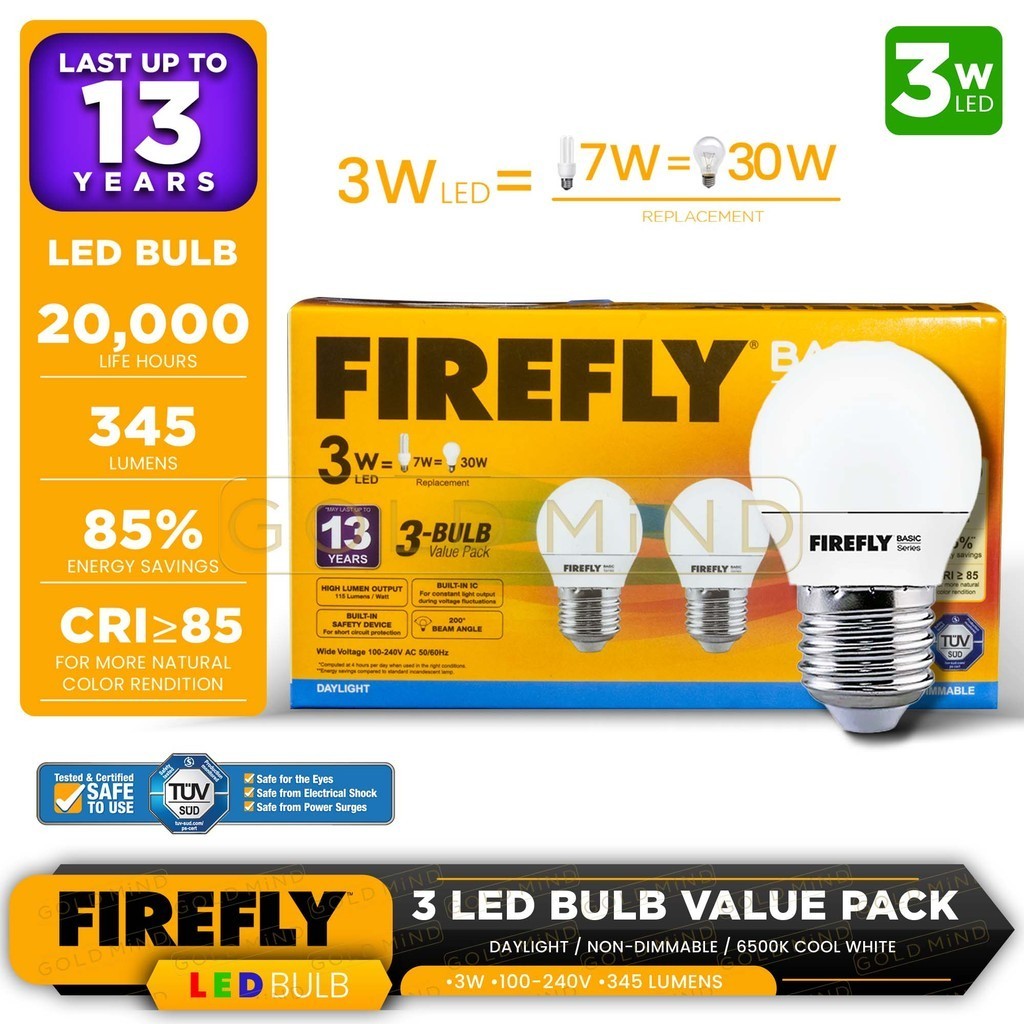 Firefly Basic Series 3 PCS-LED Bulb Value Pack ( DAYLIGHT) Non-Dimmable ...
