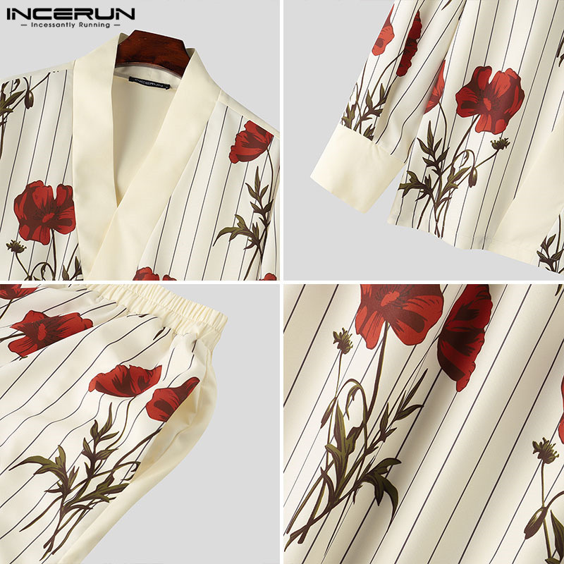 INCERUN Men Vintage Daily Floral Loose Long Sleeve Casual Two-Piece ...