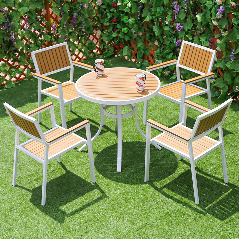 Outdoor Patio Plastic Wood Table and Chairs with Umbrella, Waterproof ...