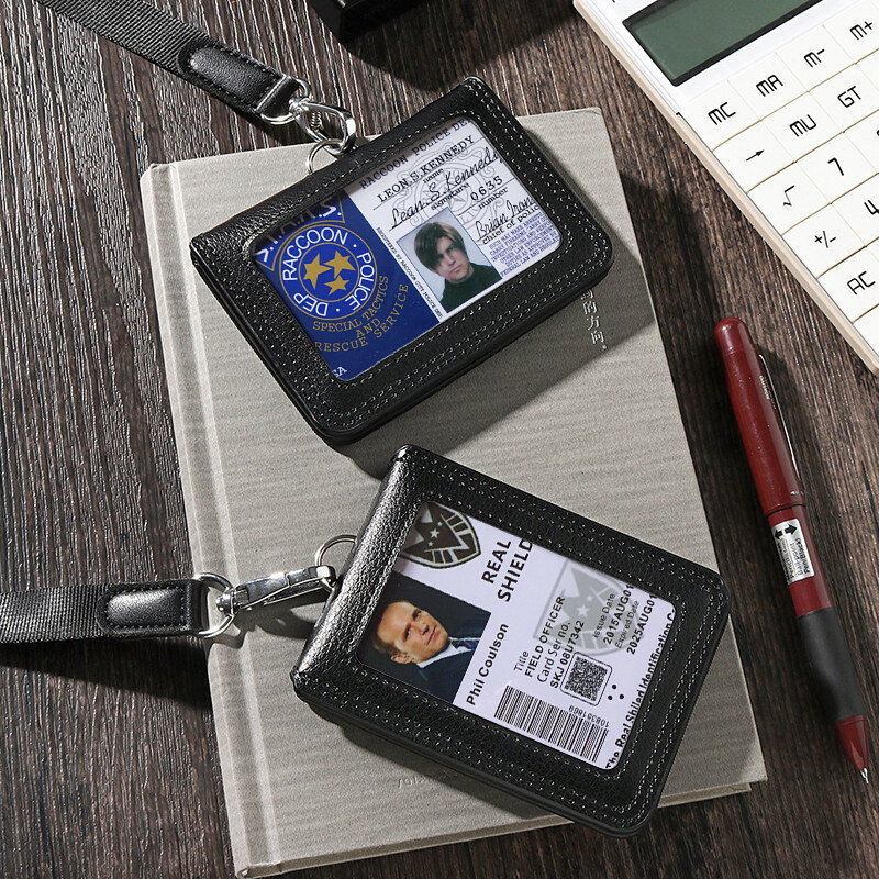 Real Leather Badge Holder Clear ID Card Folding Cases Staff Work Bank ...