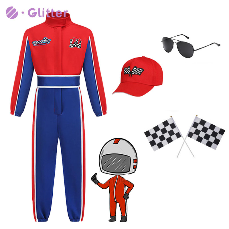 Race Car Driver Costume for Kids Boy Red Blue Racer Uniform Long Sleeve ...