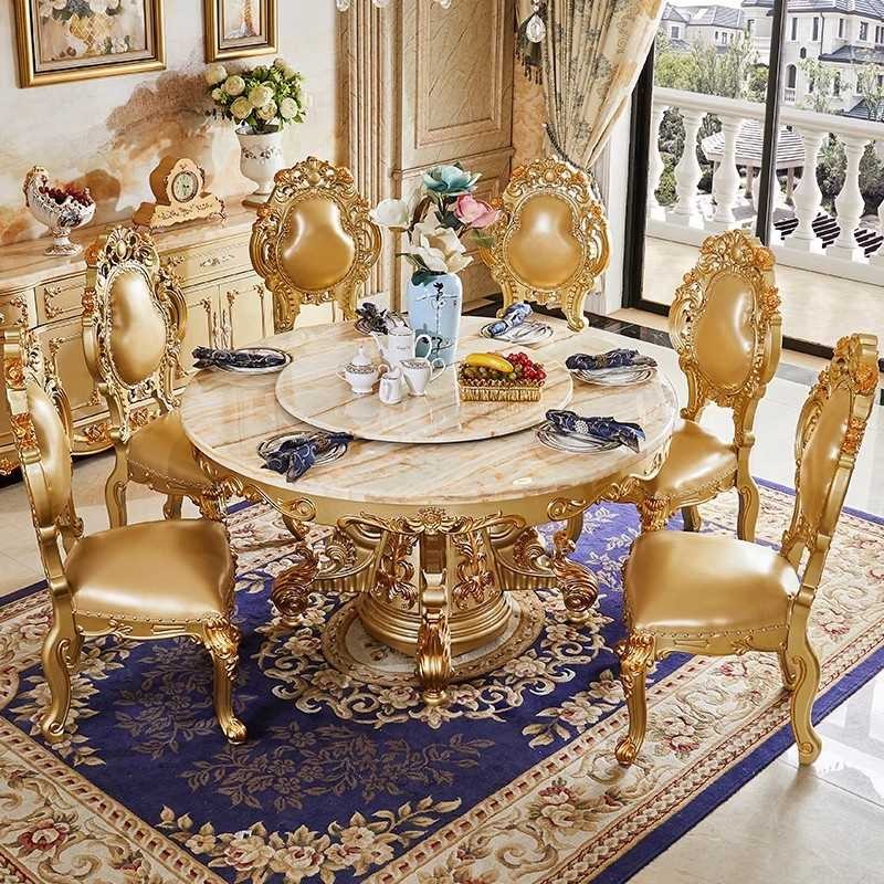 European Style Dining Table Marble Top Round Table Full Solid Wood ...