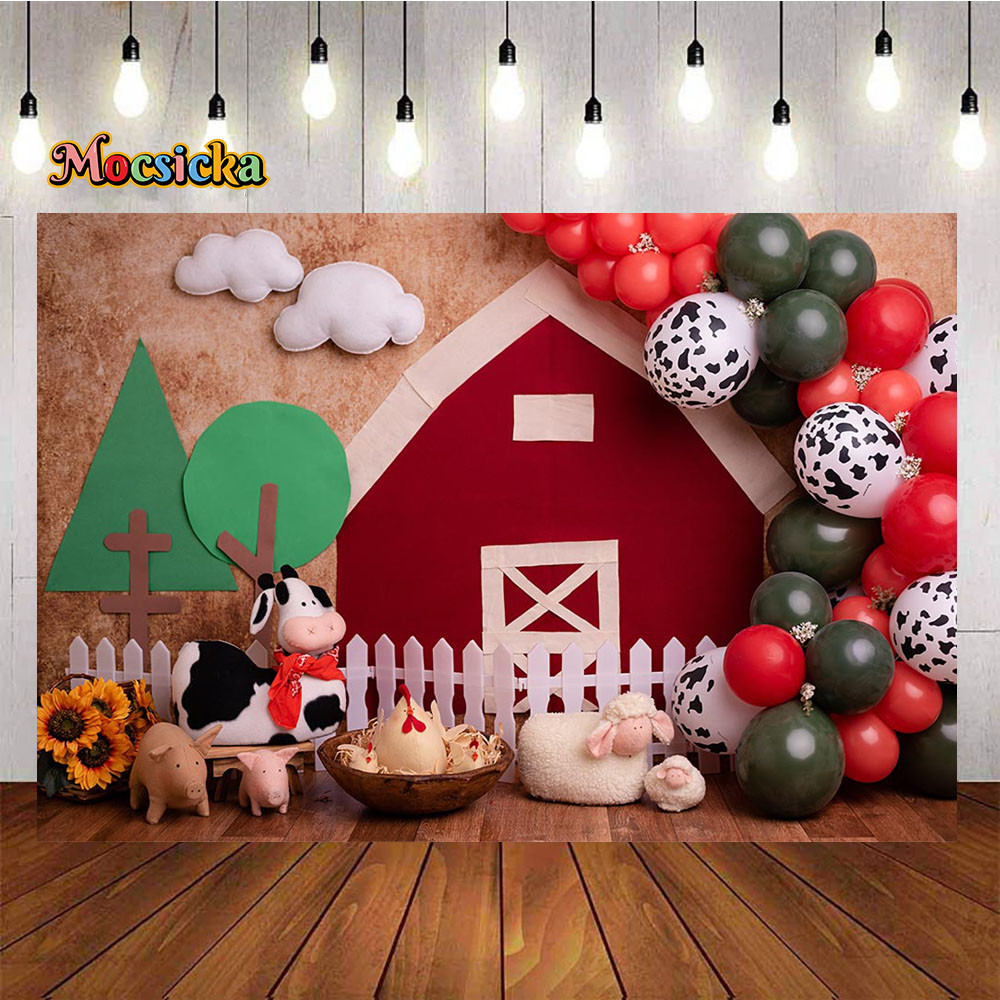 Farm Birthday Party Background Red Rustic Wooden House Balloon ...
