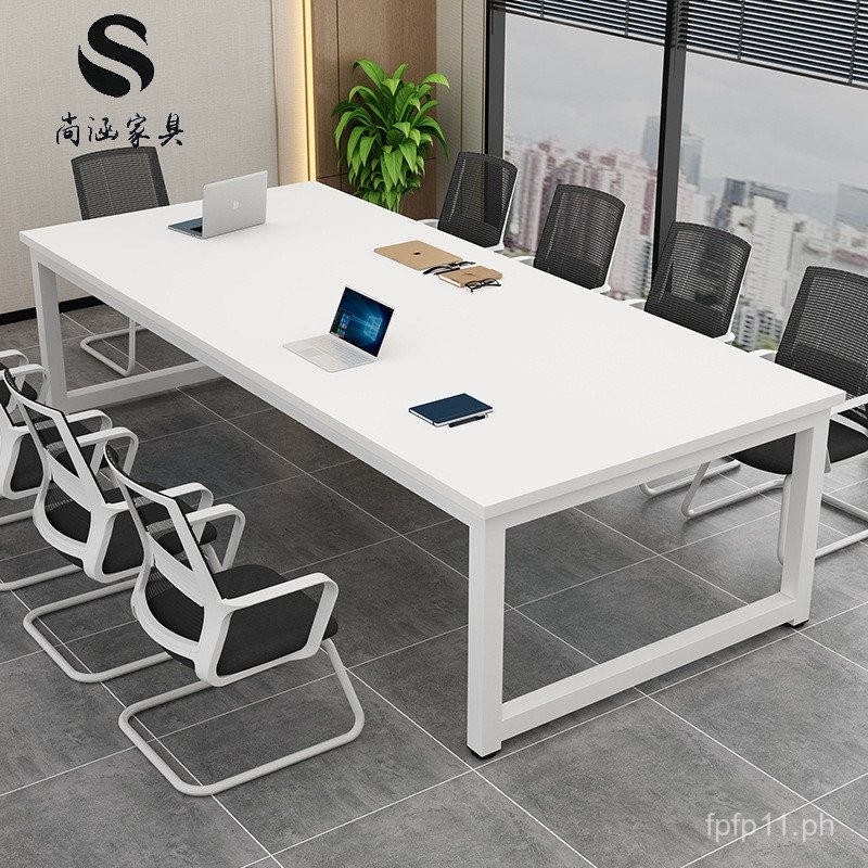 White Conference Table Long Rectangular Table and Chair Set Simple ...