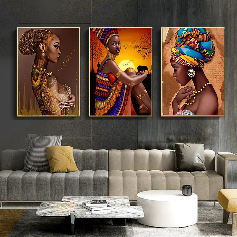 African Woman Canvas Painting Beautiful Black Women Wall Art Poster Modern Living Room Interior ...