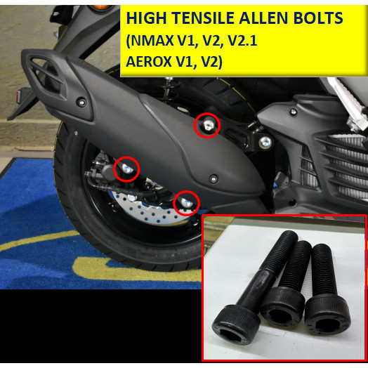 HIGH TENSILE Black PIPE MUFFLER BOLTS ALLEN TYPE for NMAX V1,V2,V2.1 AEROX V1,V2 (set 3pcs ...